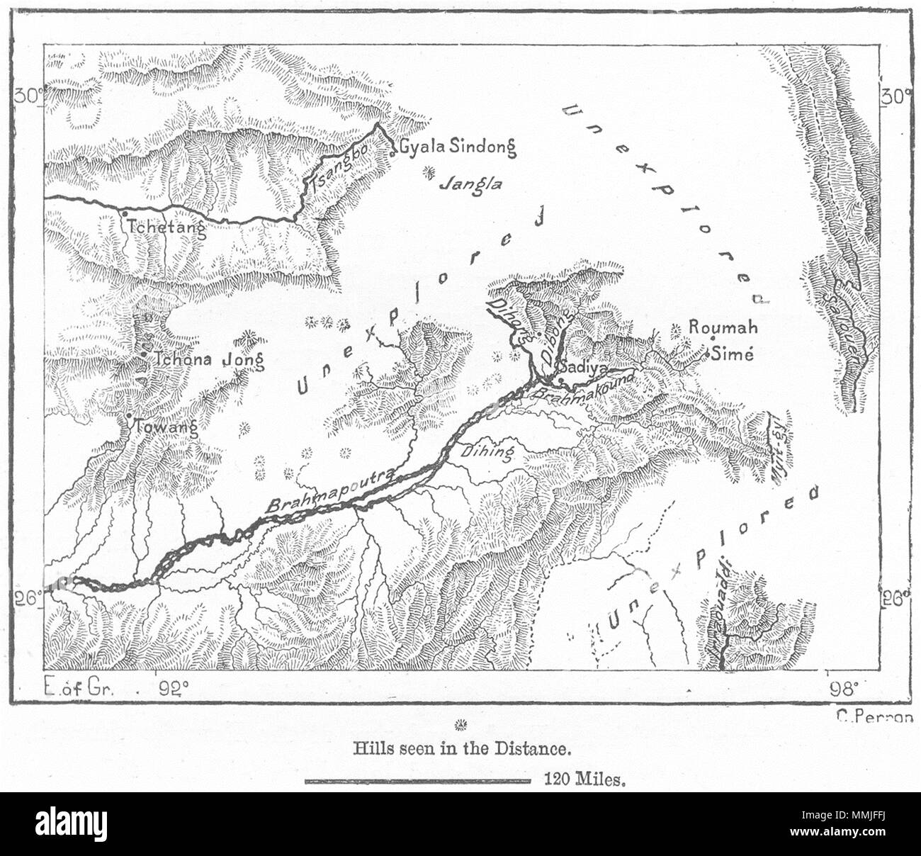 ASSAM. Unexplored Upper Brahmaputra, sketch map c1885 old antique chart ...