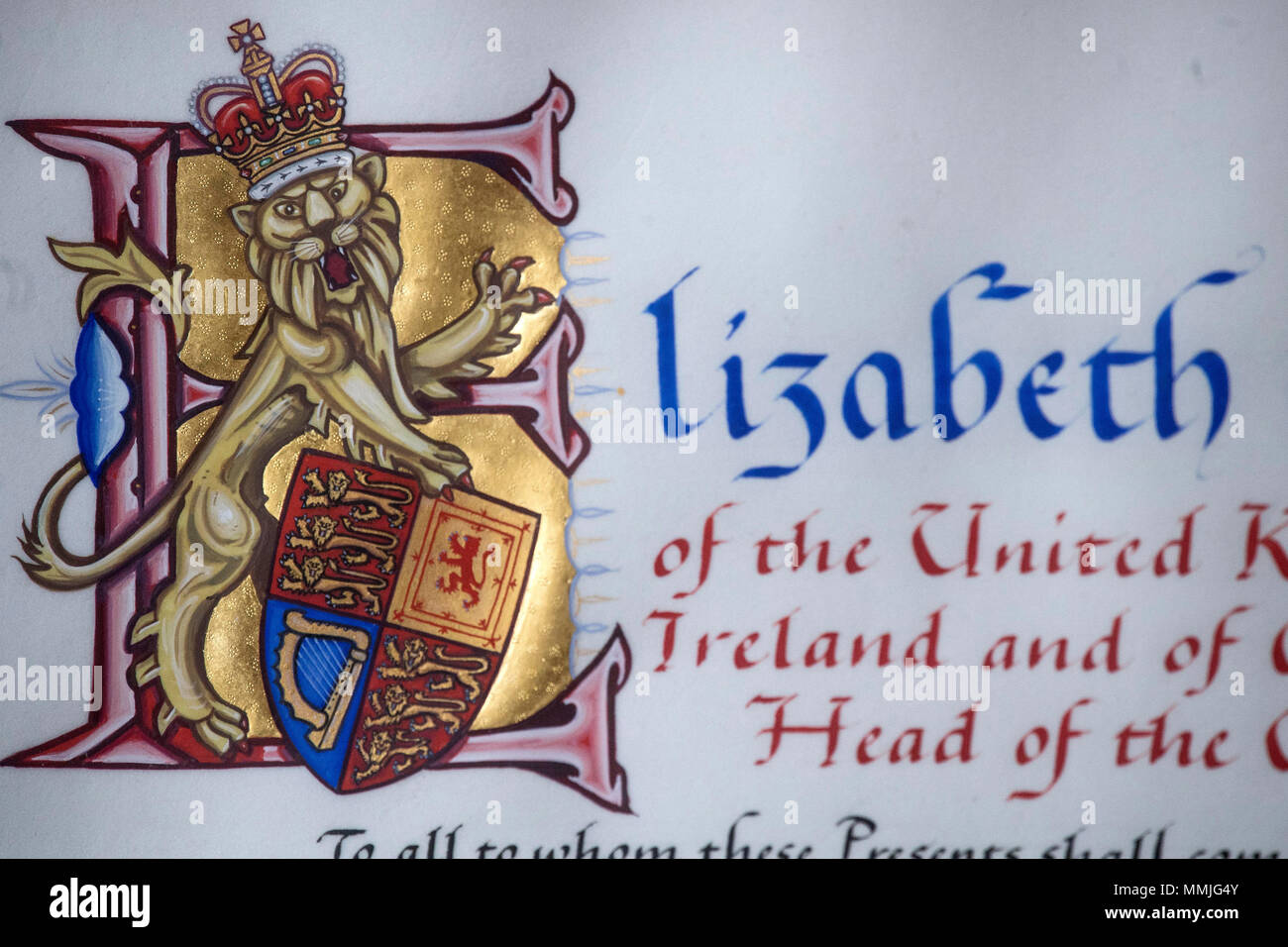 Detail of the 'Instrument of Consent', which is the Queen's historic ...