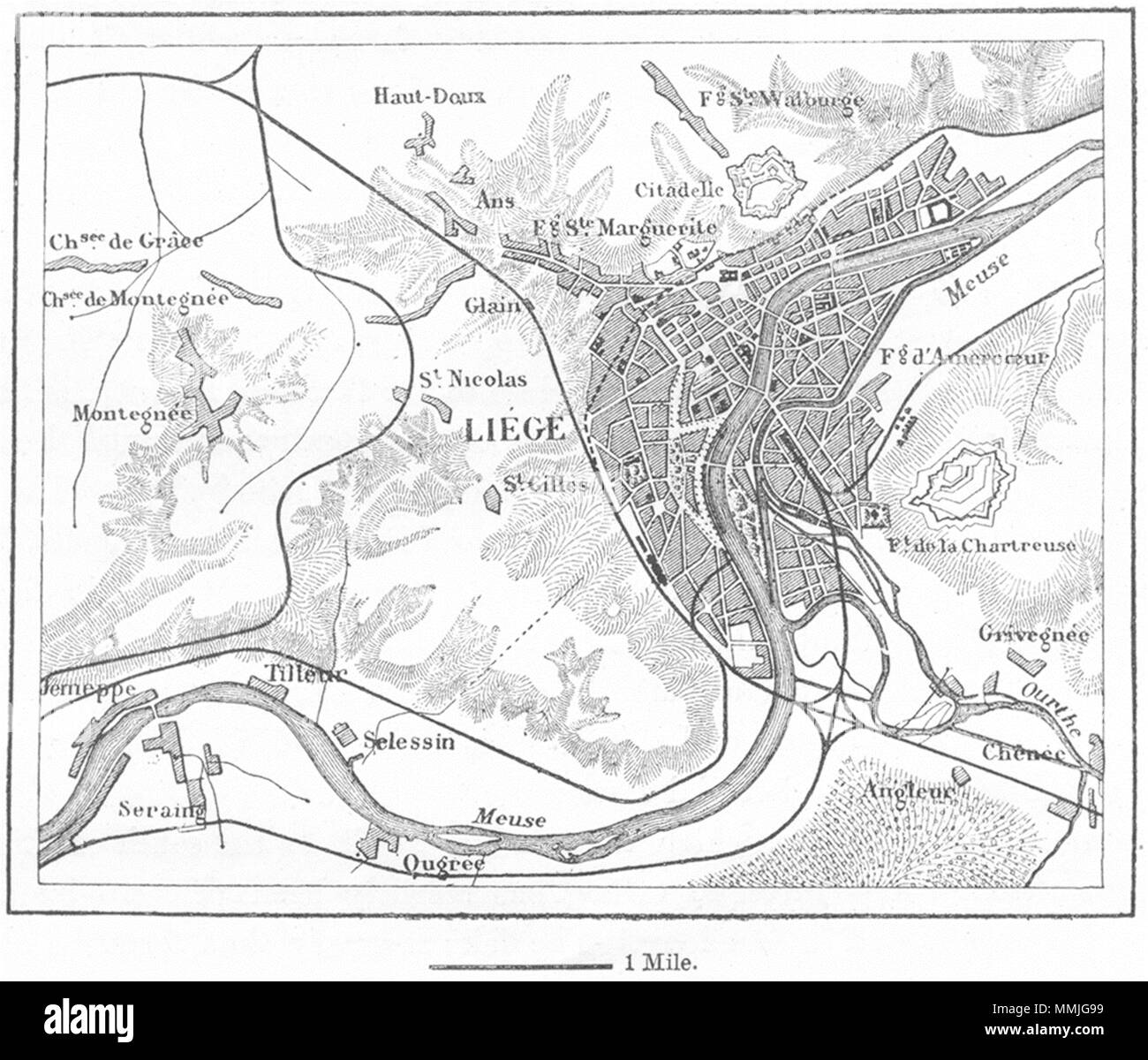 LIÈGE. Confluence Meuse Ourthe, sketch map c1885 old antique plan chart ...