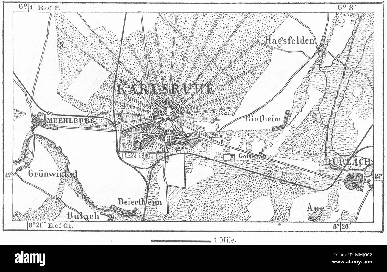 GERMANY. Karlsruhe, sketch map c1885 old antique vintage plan chart ...