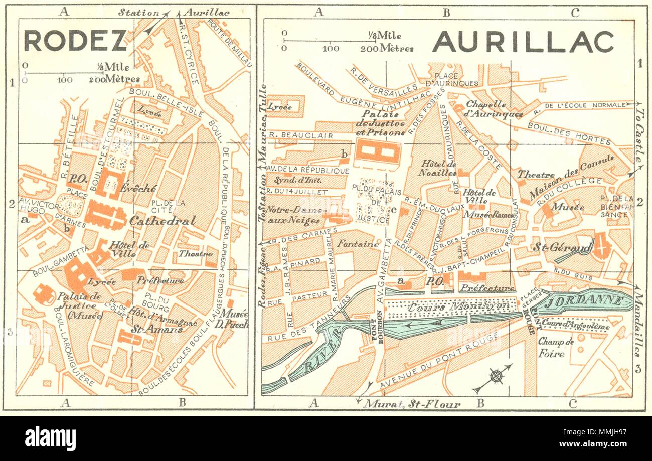 FRANCE. Rodez; Aurillac 1926 old vintage map plan chart Stock Photo - Alamy