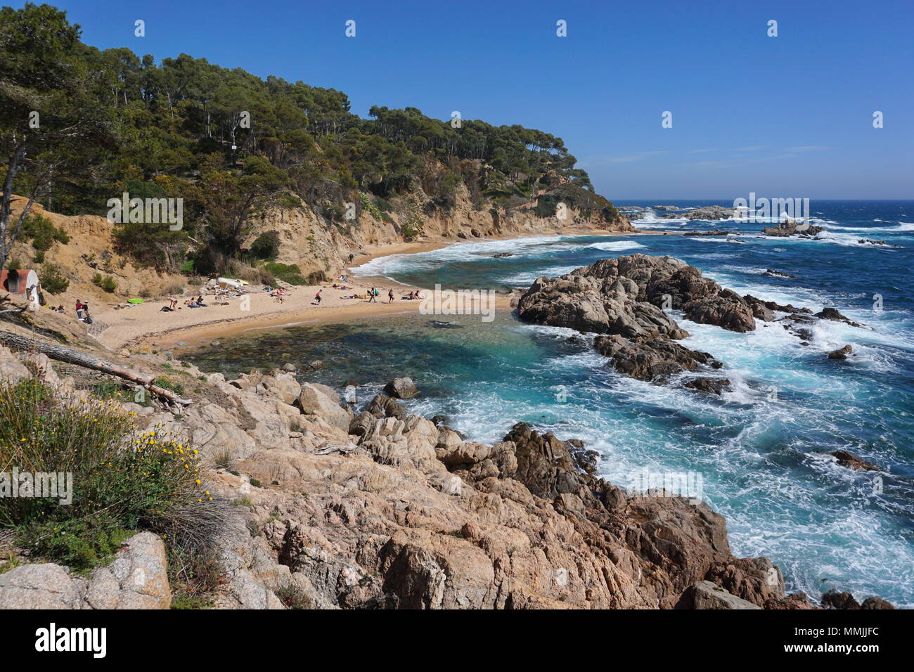 Spain Costa Brava beach and rocks in Cala Estreta cove near Calella de ...