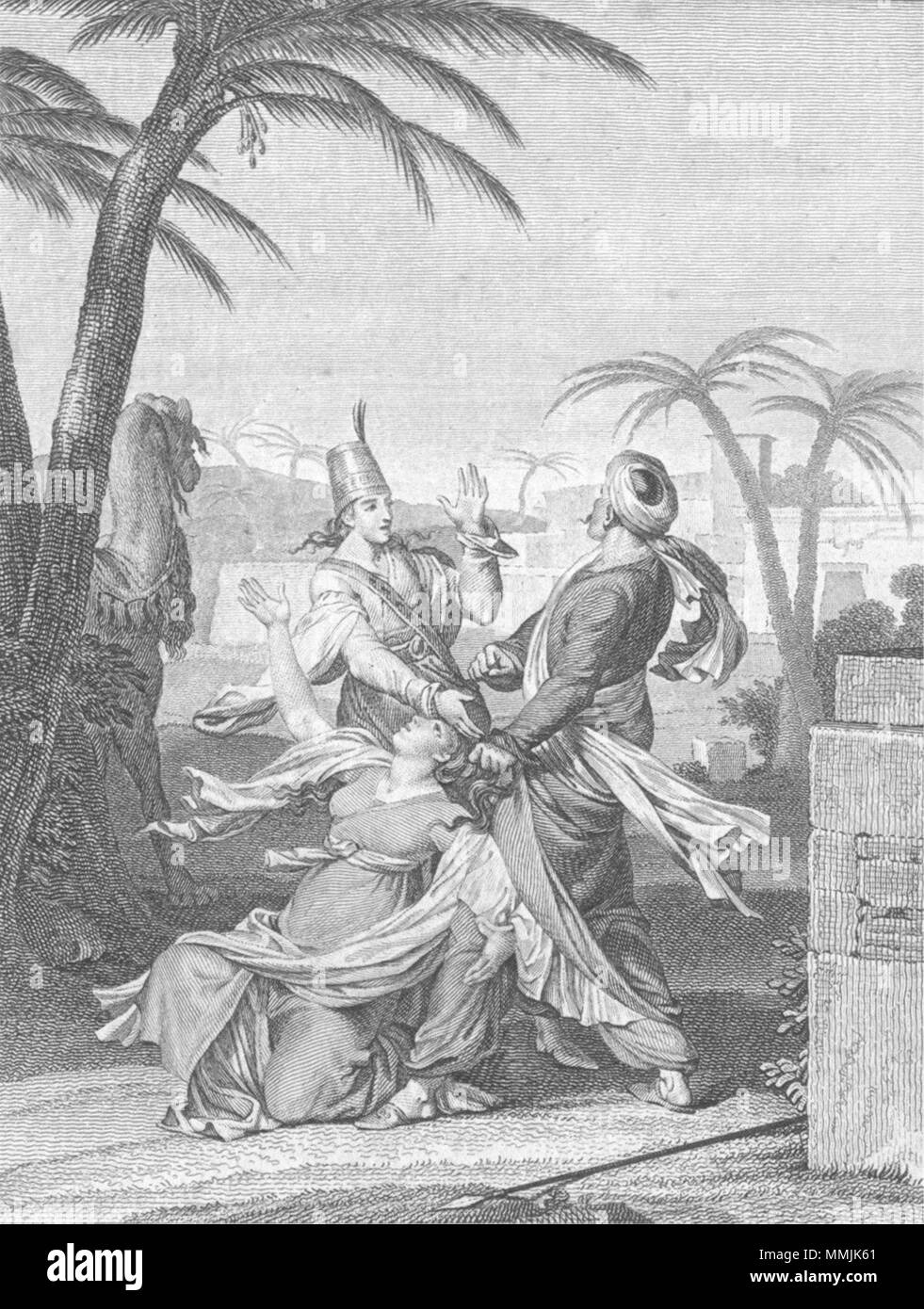 ROMANCE. 2 Arab men fighting over lady c1800 old antique vintage print ...