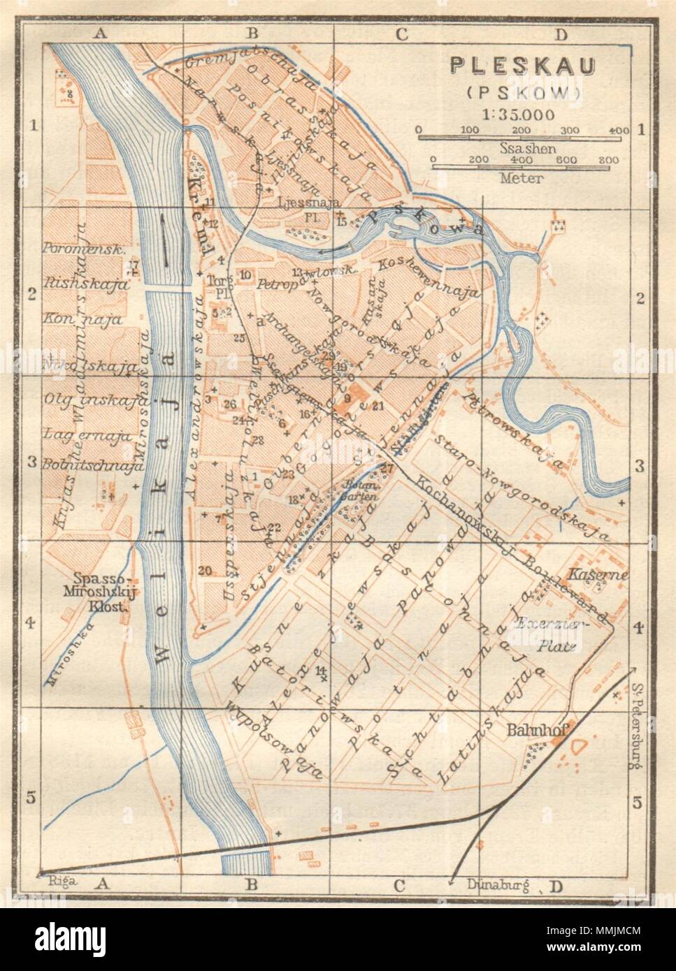 Pskov town/city plan. Russia. Pleskau Pskow. BAEDEKER 1912 old antique ...
