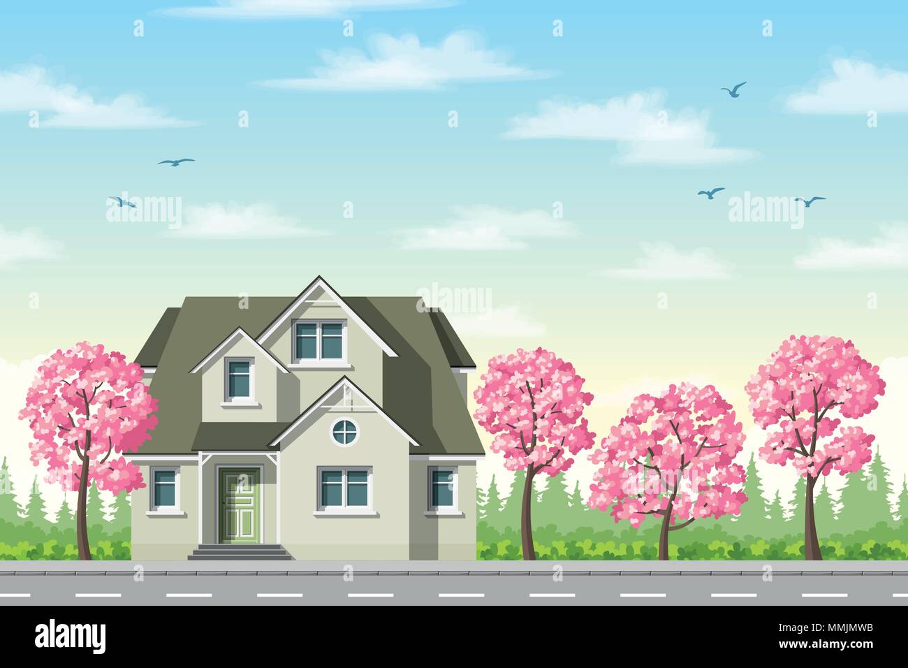 Classic house with flowering trees Stock Vector Image & Art - Alamy