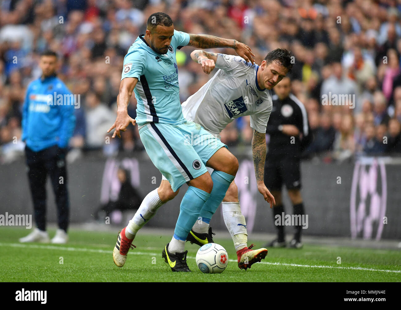 Boreham Wood's David Stephens (left) and Tranmere Rovers' Andy Cook ...