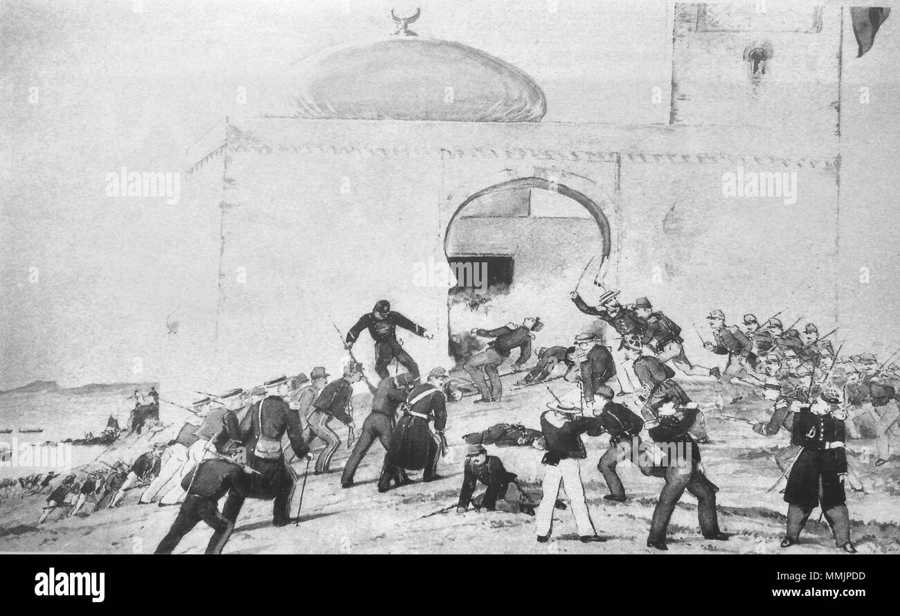 . English: Attack of the Mosque on Mogador island 1844. . 1845. Jacques ...