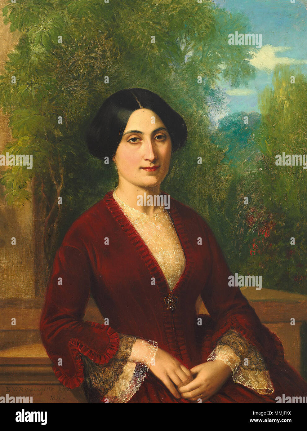 Portrait of a young lady in a park. 1851. Rippingille Portrait of a ...