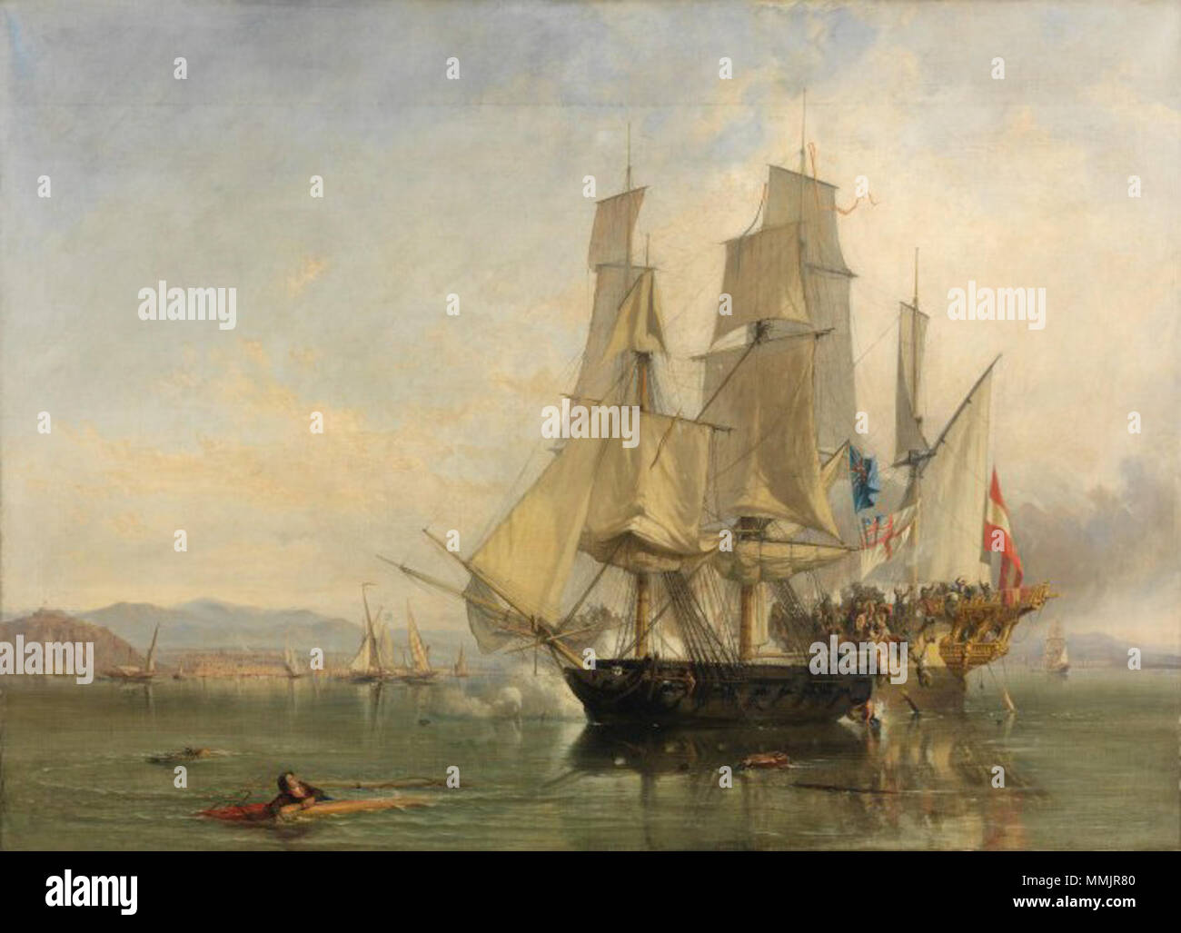 . Painting depicting the capture of the Spanish xebec frigate El Gamo ...