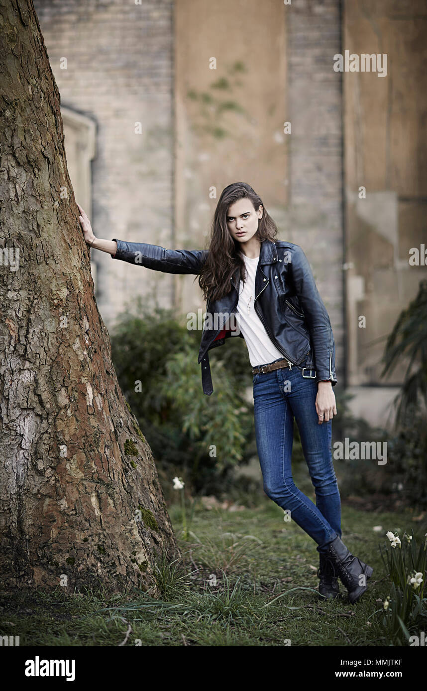Model in blue jeans against tree Stock Photo - Alamy