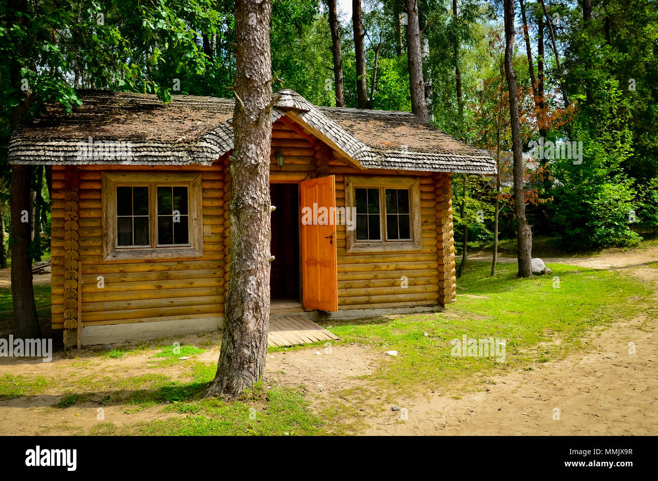 A little rustic log cabin in the woods with open door in sunny day ...