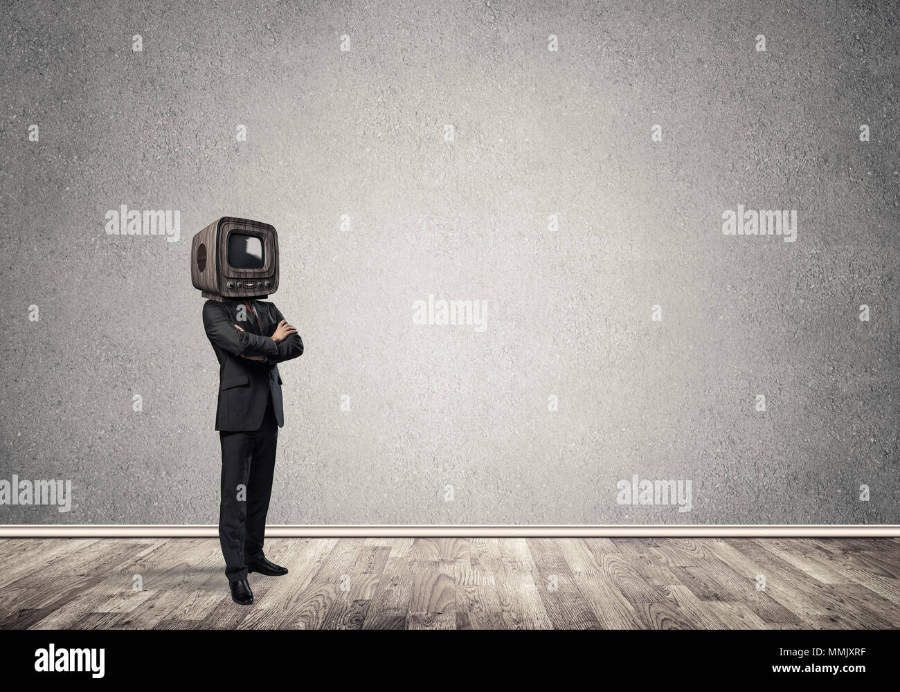Businessman in suit with an old TV instead of head keeping arms crossed ...