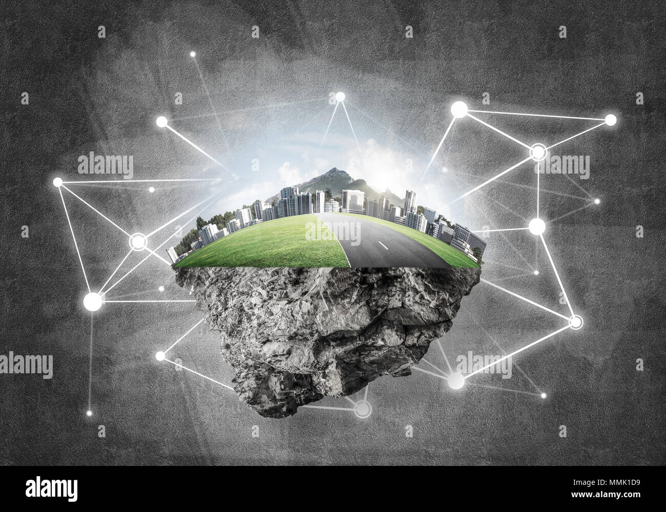 Beautiful small island with grass and cityscape on concrete background ...