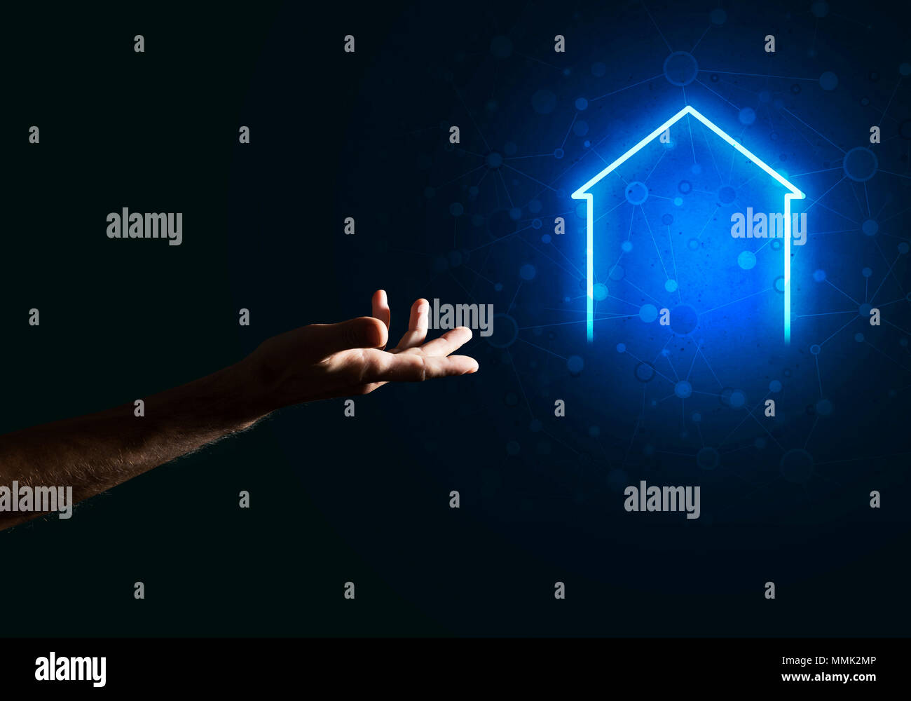 Male hand pointing to the glowing home icon or symbol Stock Photo - Alamy