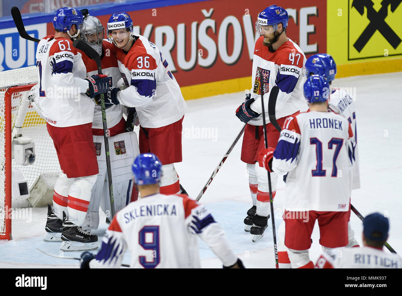 Kodan, Denmark. 11th May, 2018. Czech players celebrate victory in the ...
