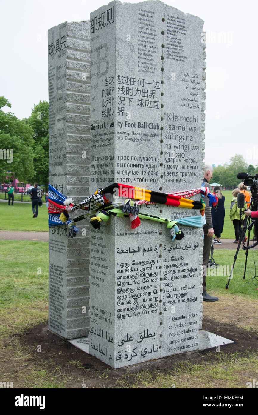 Cambridge, UK. 12th May 2018. Football Monument Cambridge Rules 1848, a ...