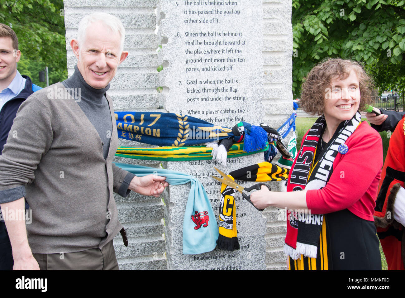 Cambridge, UK. 12th May 2018. Football Monument Cambridge Rules 1848, a ...