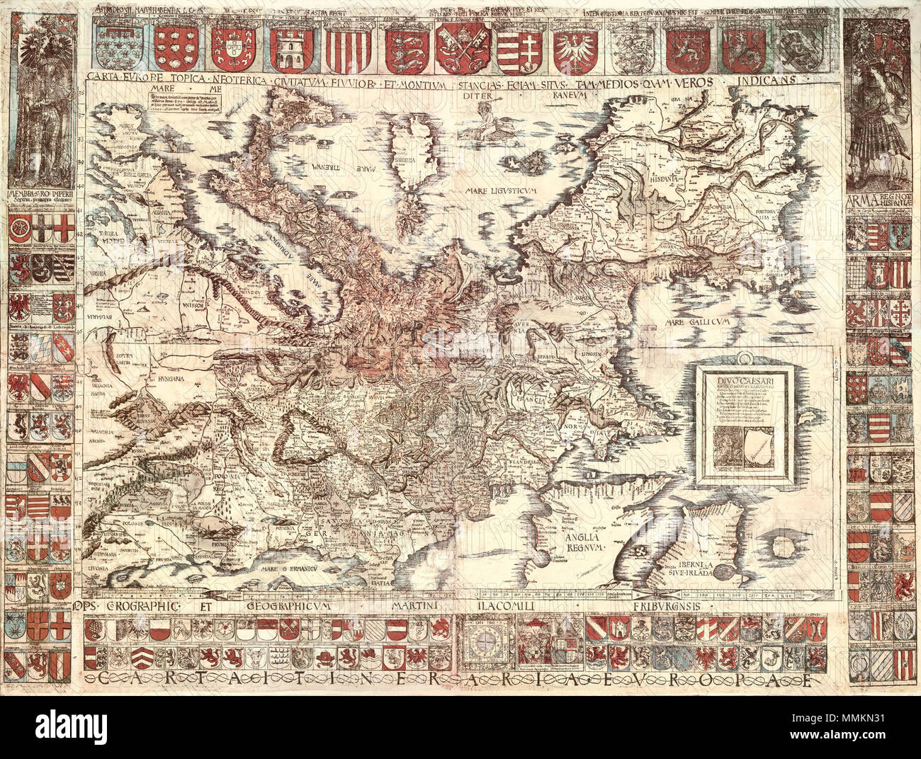. Map of Europe drawn by Martin Waldseemueller dedicated to godly ...