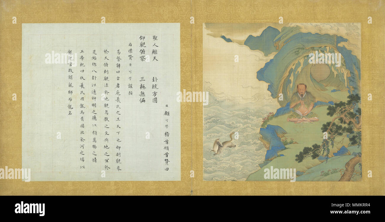 . The painting shows the mythological sage-ruler Fuxi (伏羲) seated cross ...