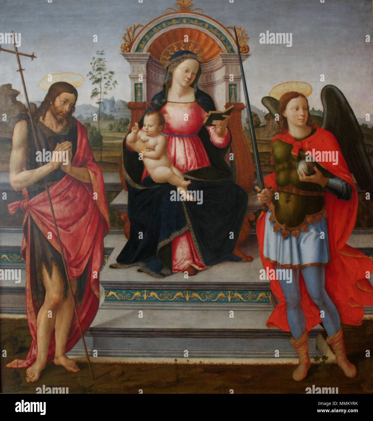 English: Madonna Enthroned with the blessing child, John the Baptist and St. Michael the ...