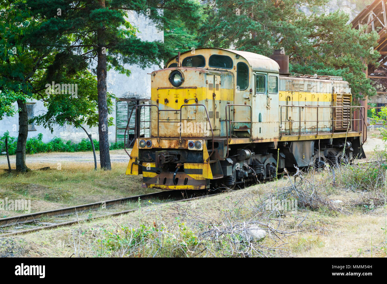 front view of the old soviet diesel locomotive on the railroad Stock ...