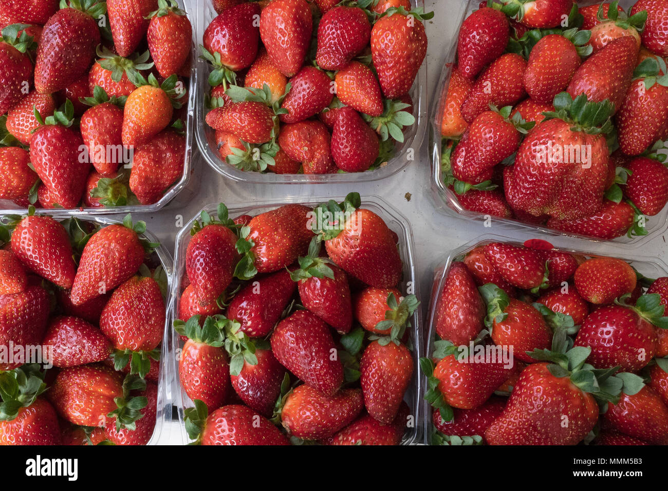 Fresh red strawberry in transparent plastic boxes on the market for ...