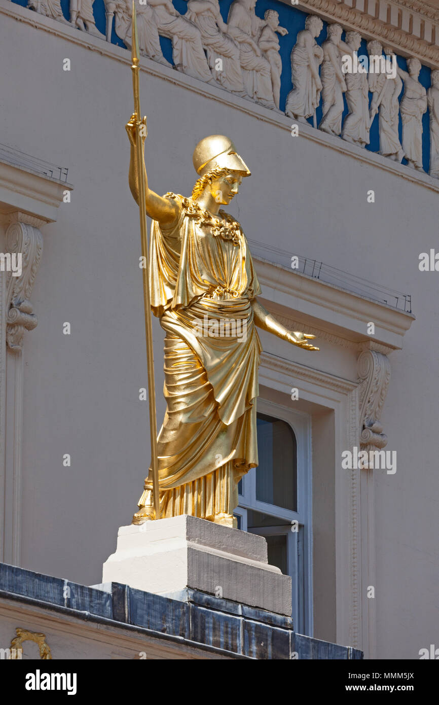 London, Westminster. The statue of Pallas Athena at the Athenaeum club ...