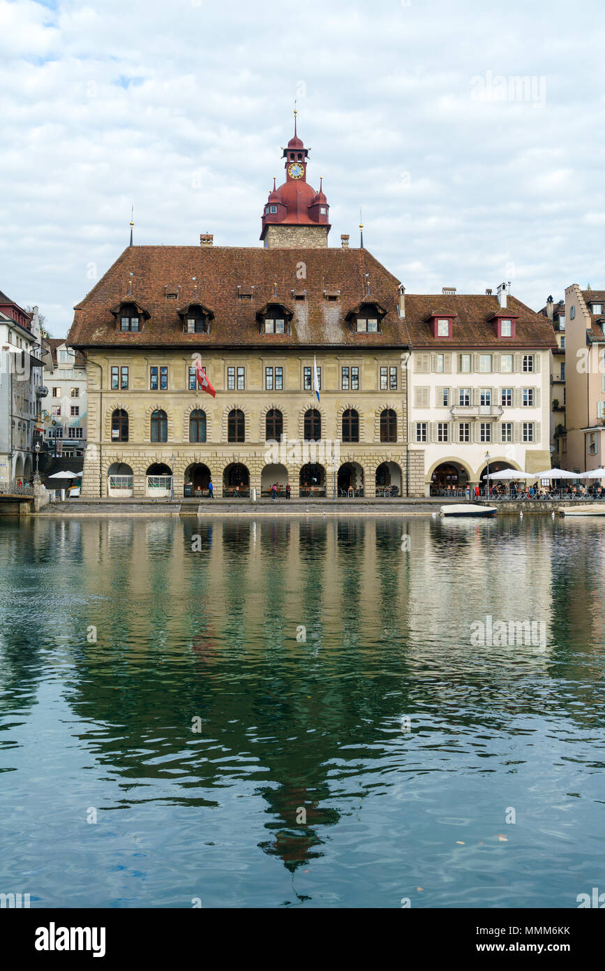 Rathaus or Town hall building and Reuss river from Kapellbrucke view ...