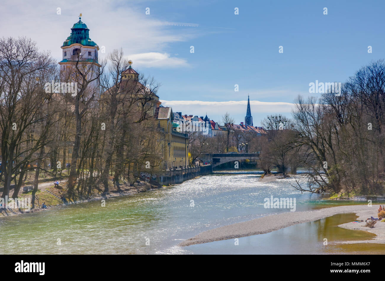 MUNICH, GERMANY - APRIL 4: The river Iasr flowing through Munich ...