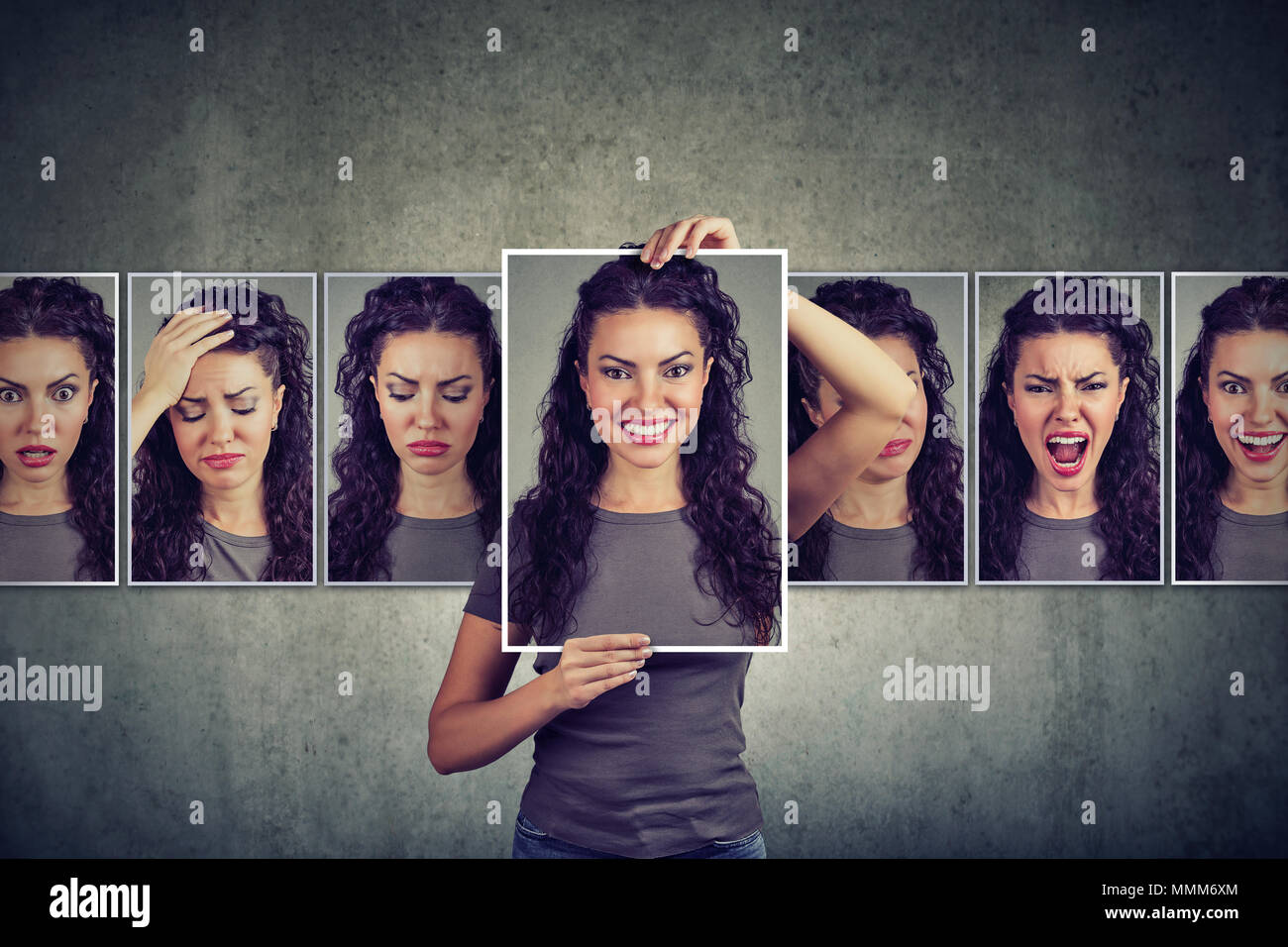 Masked young woman expressing different emotions Stock Photo - Alamy