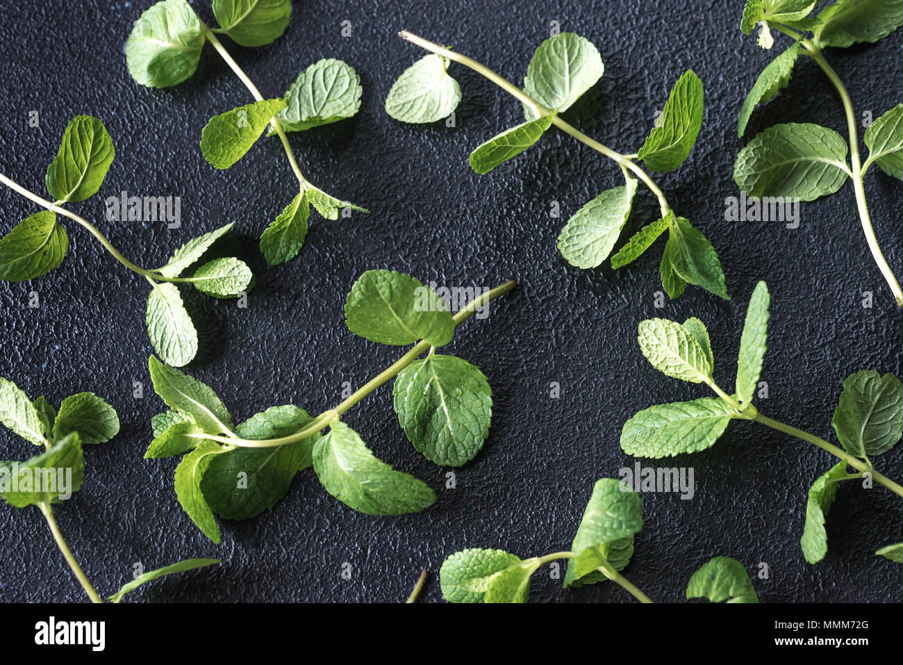 Sprigs of fresh mint on the dark background Stock Photo - Alamy