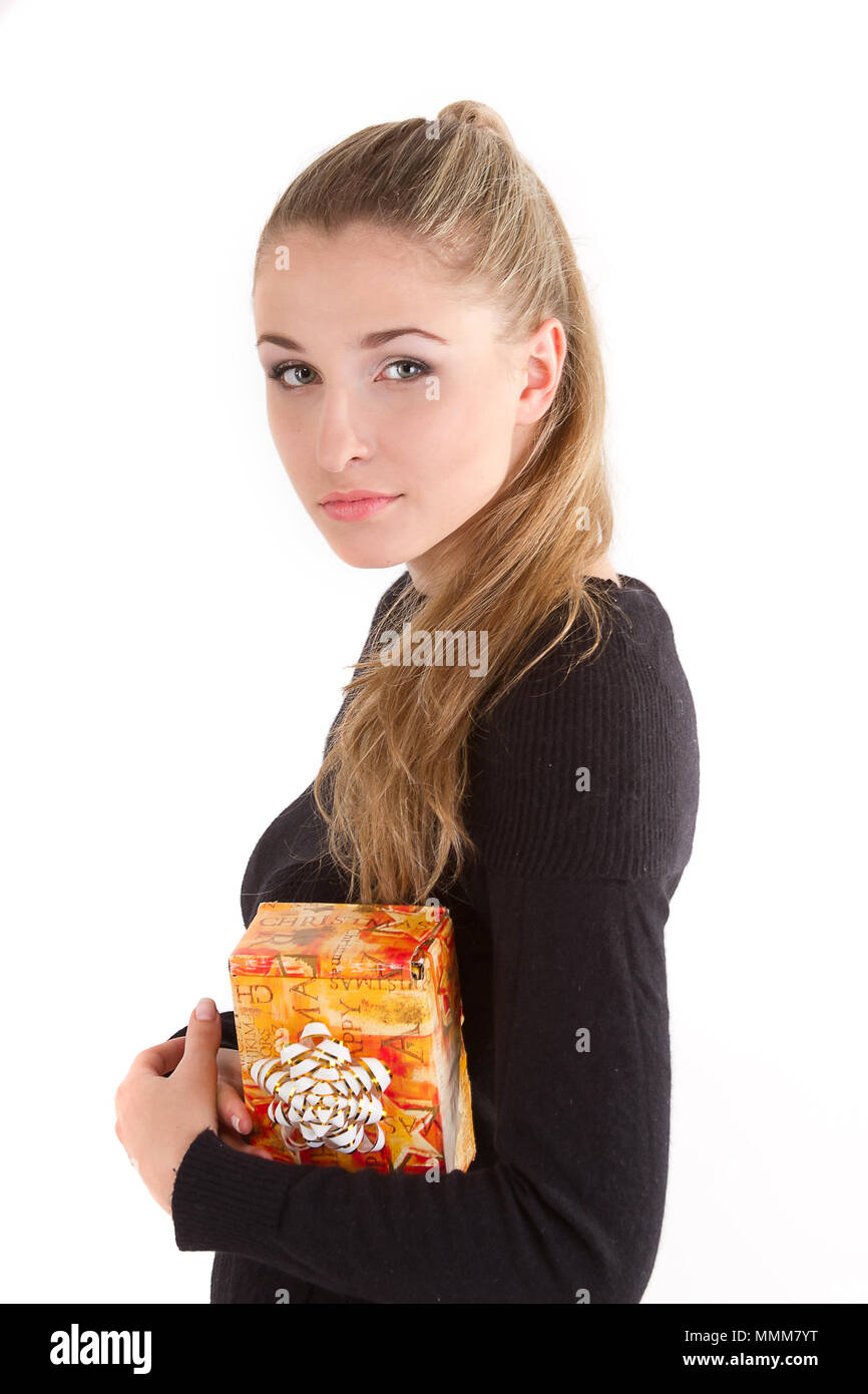 Beautiful woman with present, portrait of happy female with gift, girl ...