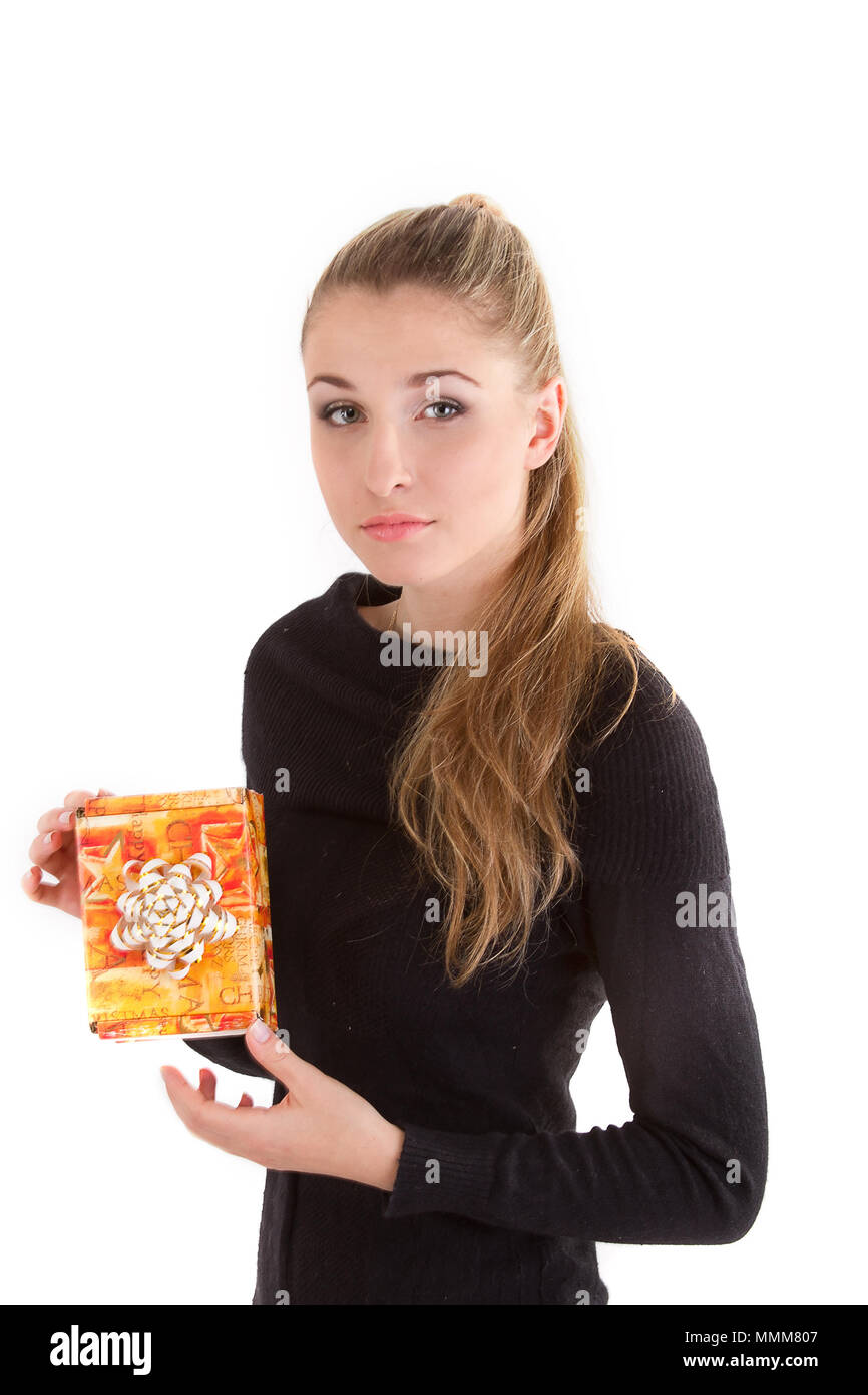 Beautiful woman with present, portrait of happy female with gift, girl ...