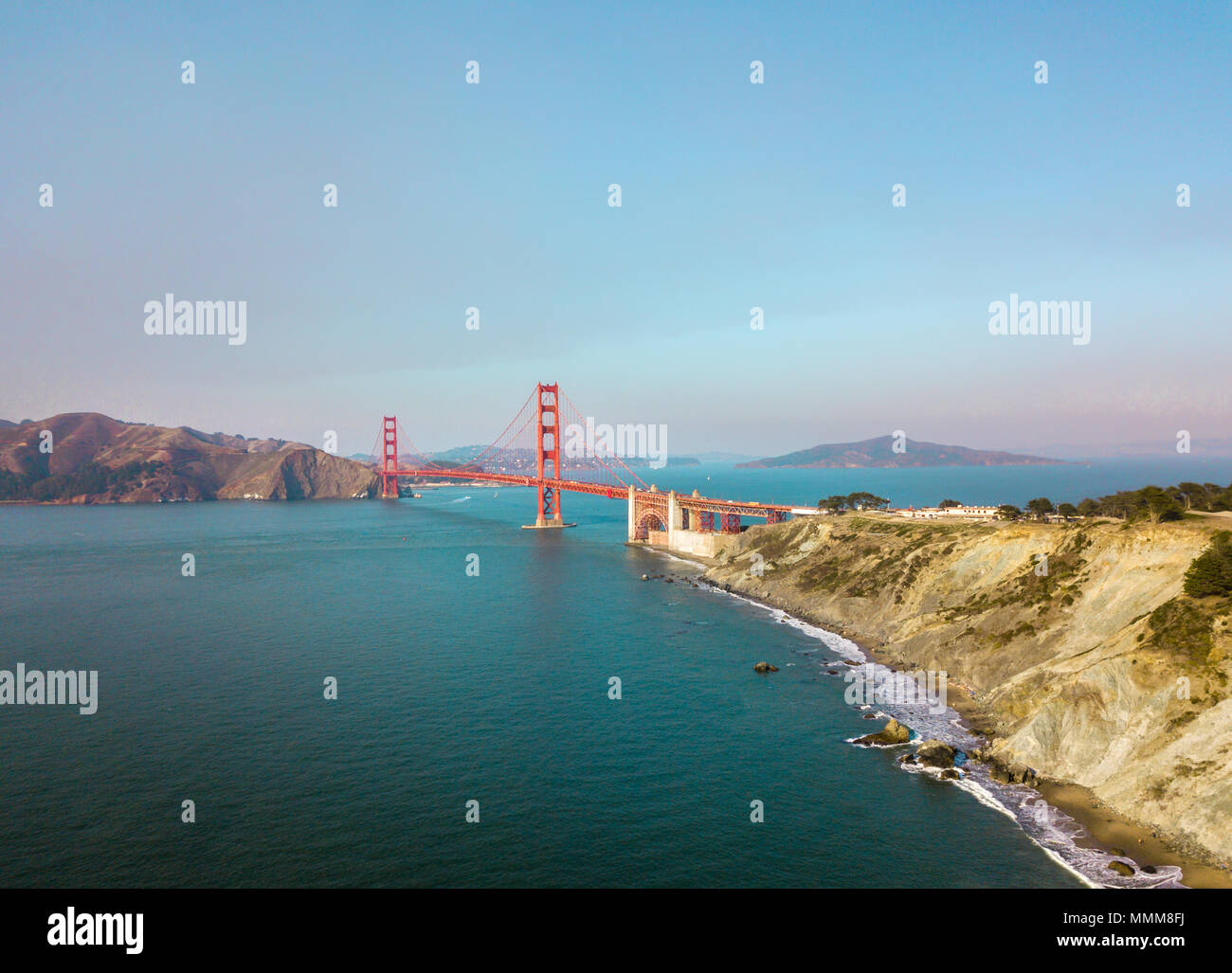 Aerial view of Golden Gate bridge from Marshall's beach in San ...