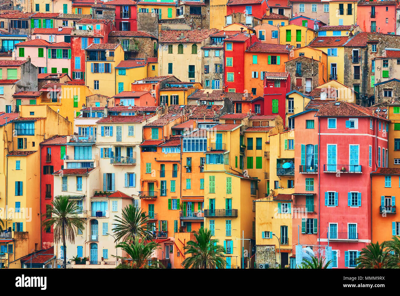Colorful houses in old part of Menton, French Riviera, France Stock ...