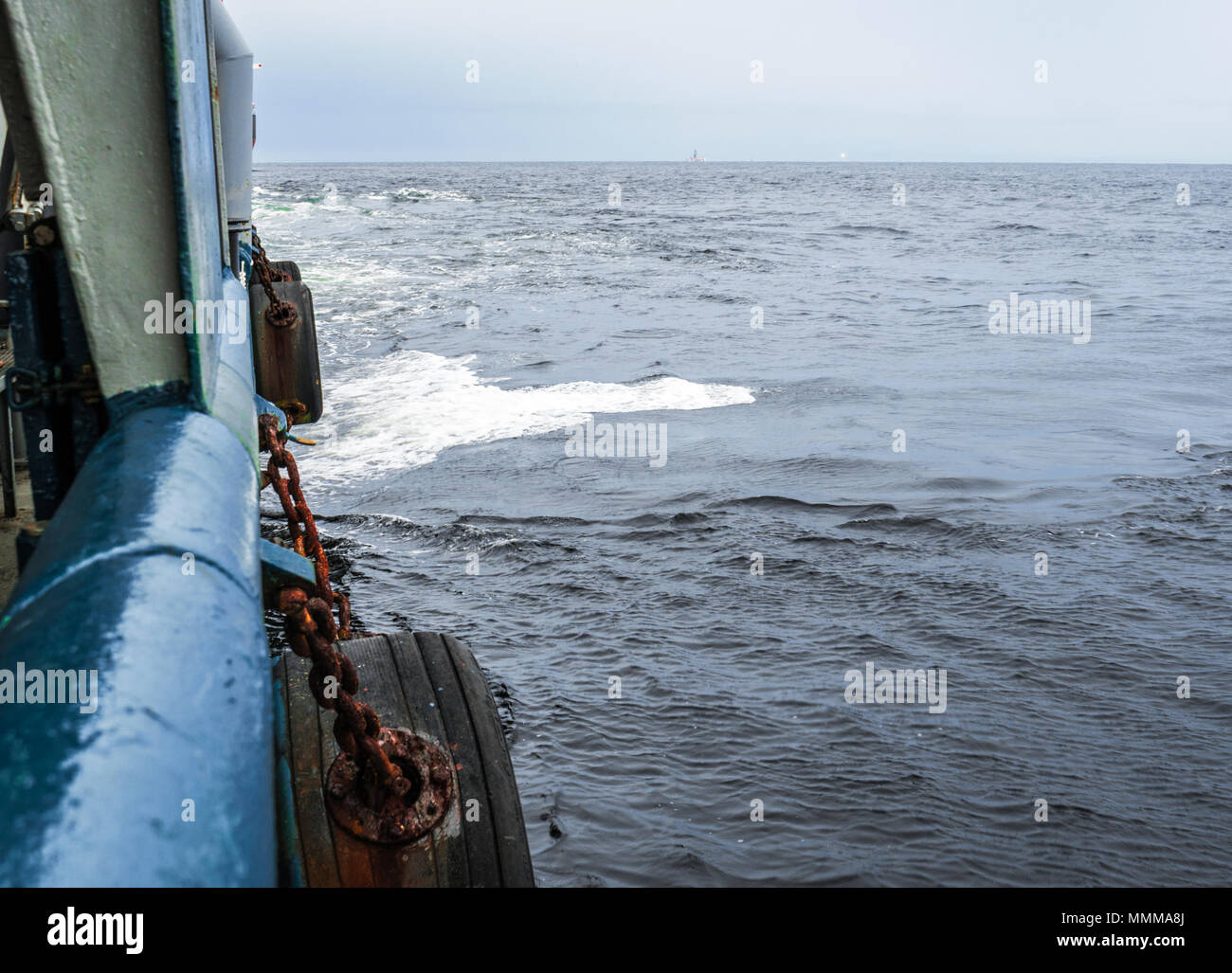 View from ship or vessel deck to open sea - heavy duty work at sea ...