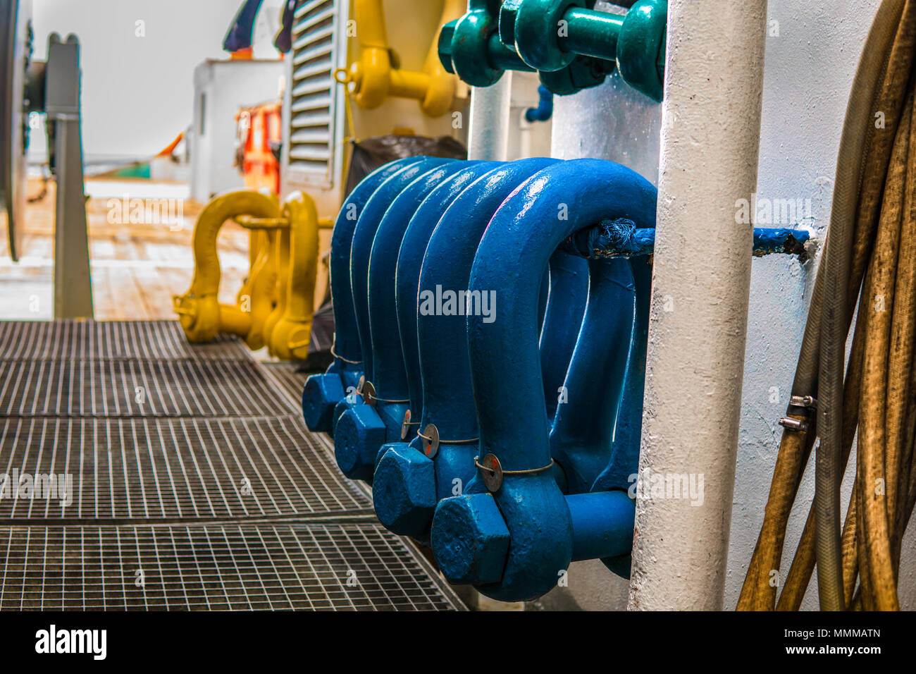 Anchor handling setup. Bow Shackles. AHTS deck equipment Stock Photo ...