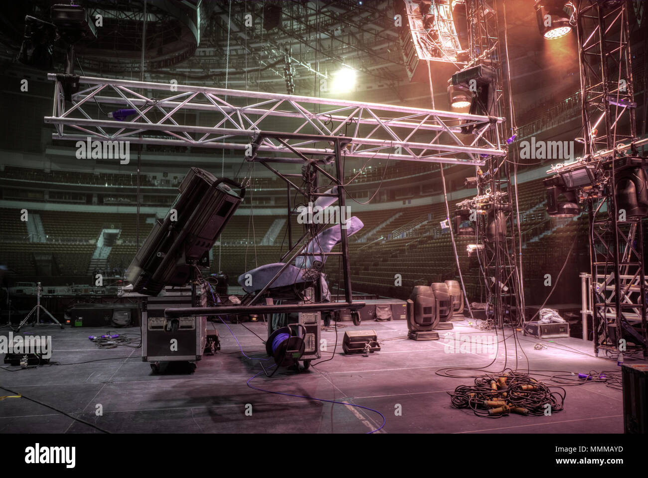 stage before the concert shines the beams of searchlights Stock Photo ...