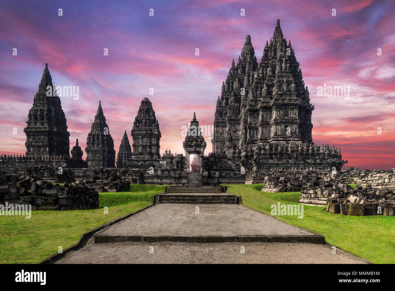 Amazing view of Prambanan Temple against sunrise sky. Great Hindu ...