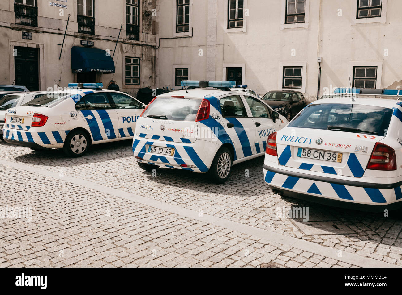 Police cars are in a row at the police station. Protection of public ...