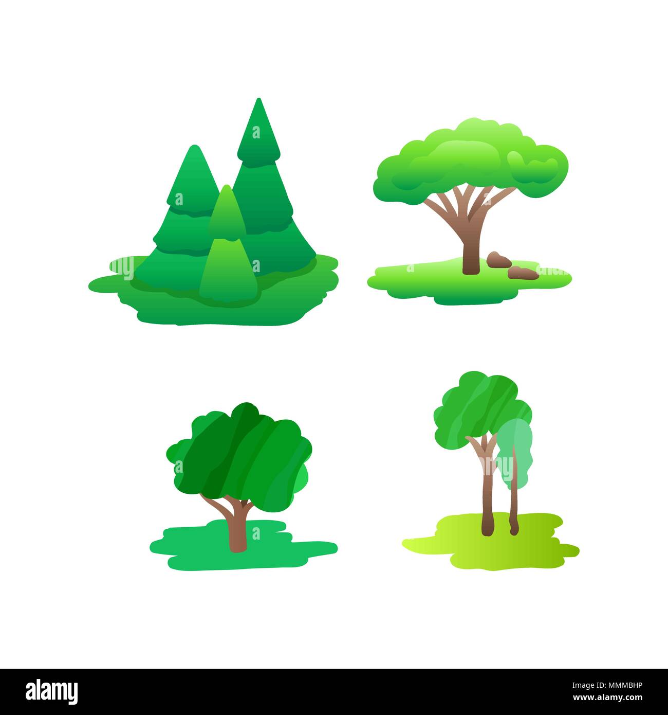 Set of landscape elements - trees. Simple icons of green plants, forest ...