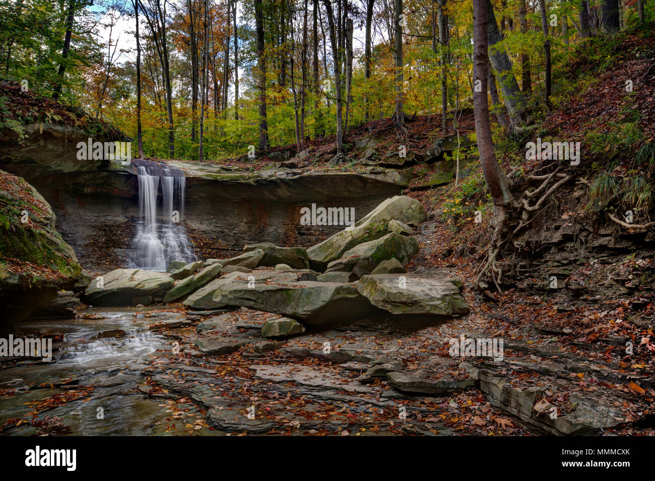Beautiful autumn scene at Blue Hen Falls in the Cuyahoga Valley National Park near Cleveland ...