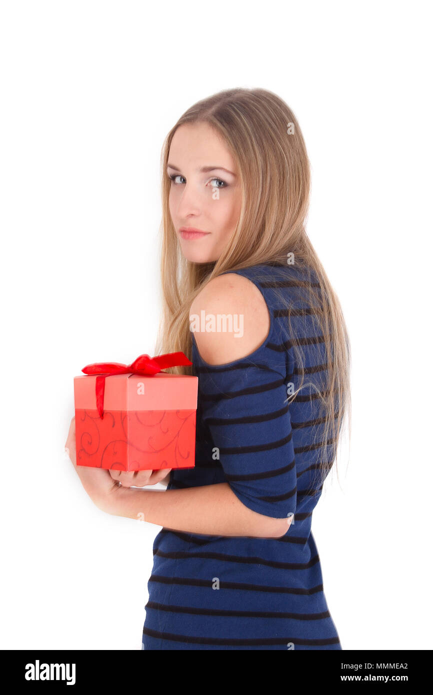 Beautiful woman with present, portrait of happy female with gift, girl ...
