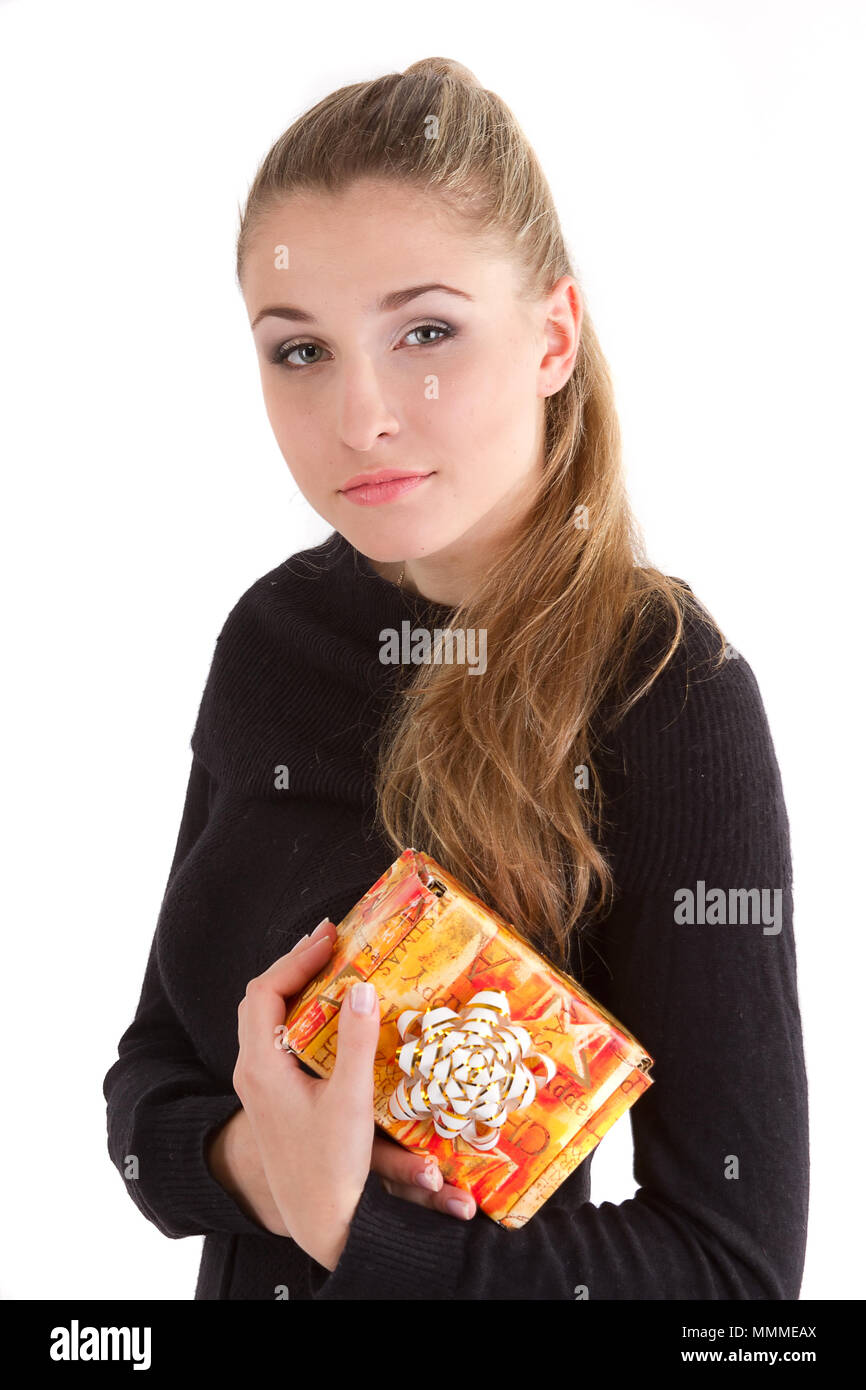 Beautiful woman with present, portrait of happy female with gift, girl ...