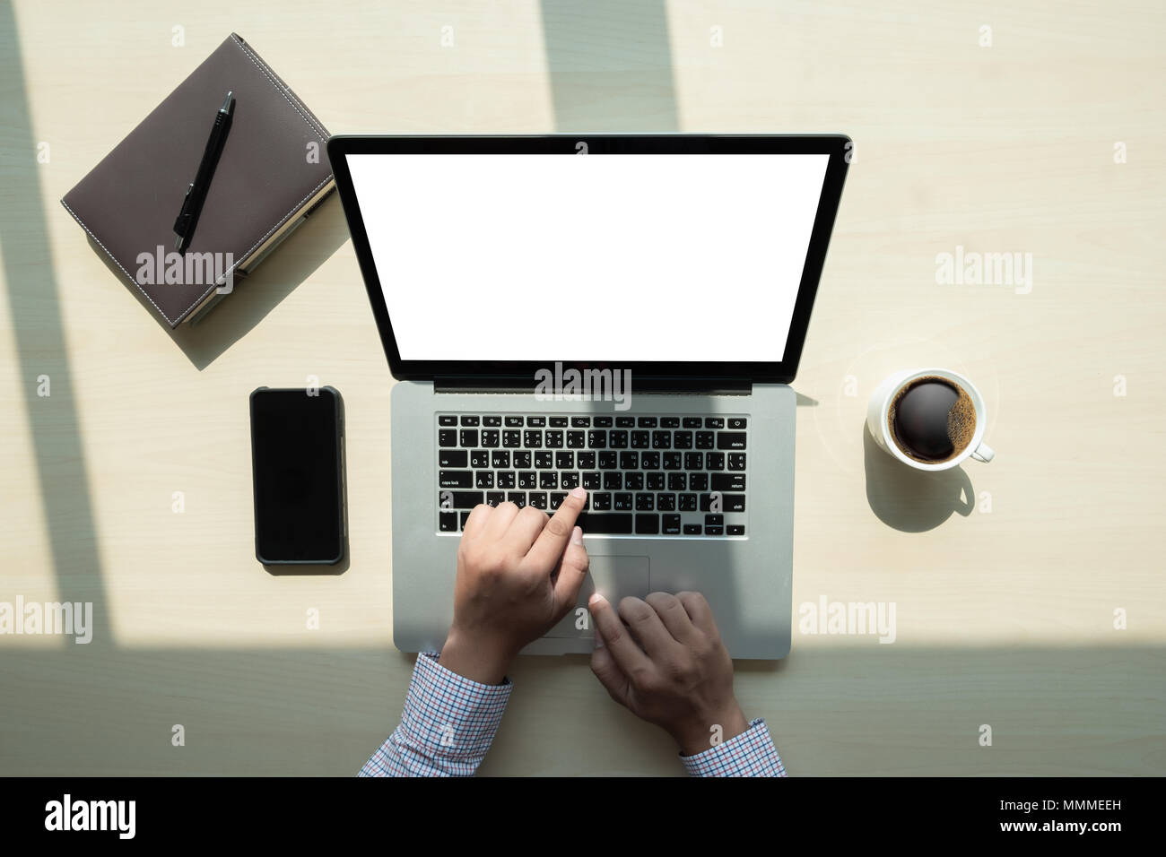 Overhead View top view man Working Desk Concept Stock Photo - Alamy