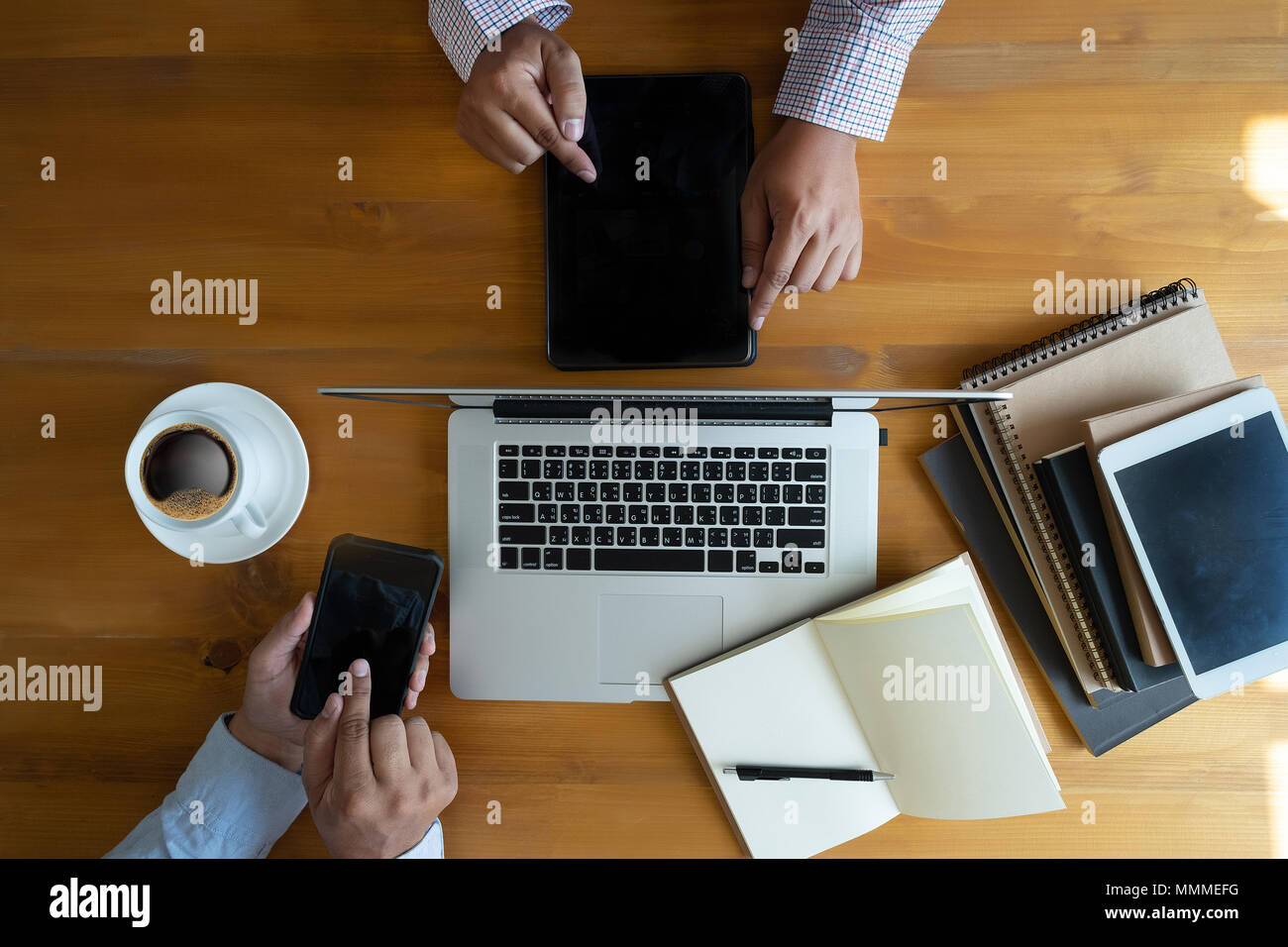 Overhead View top view man Working Desk Concept Stock Photo - Alamy