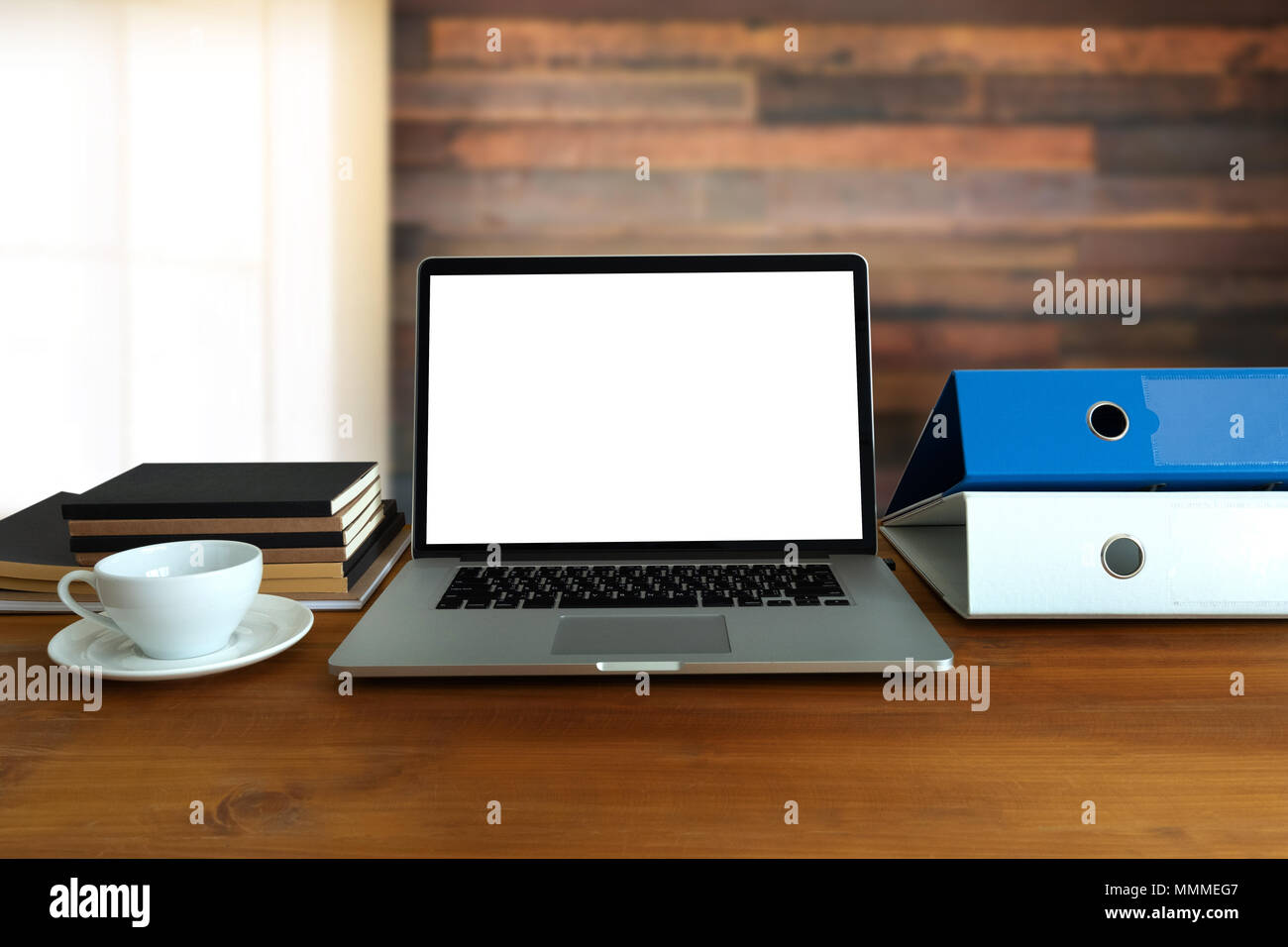 Laptop with blank screen on table. Workspace background new project on laptop computer with ...