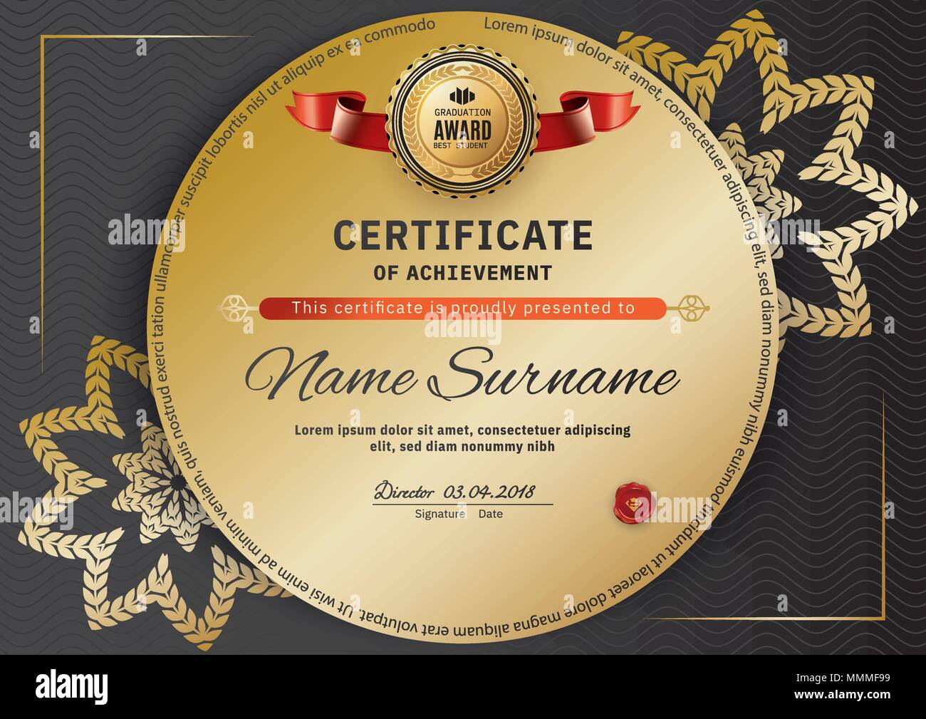 Official black certificate with red black design elements. Gold emblem ...