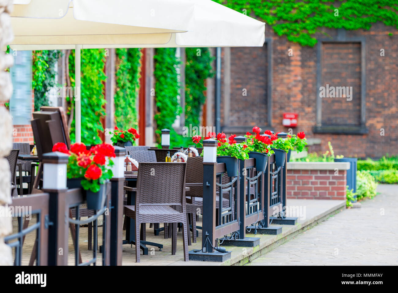 open street cafe with flowers in a European city Stock Photo - Alamy