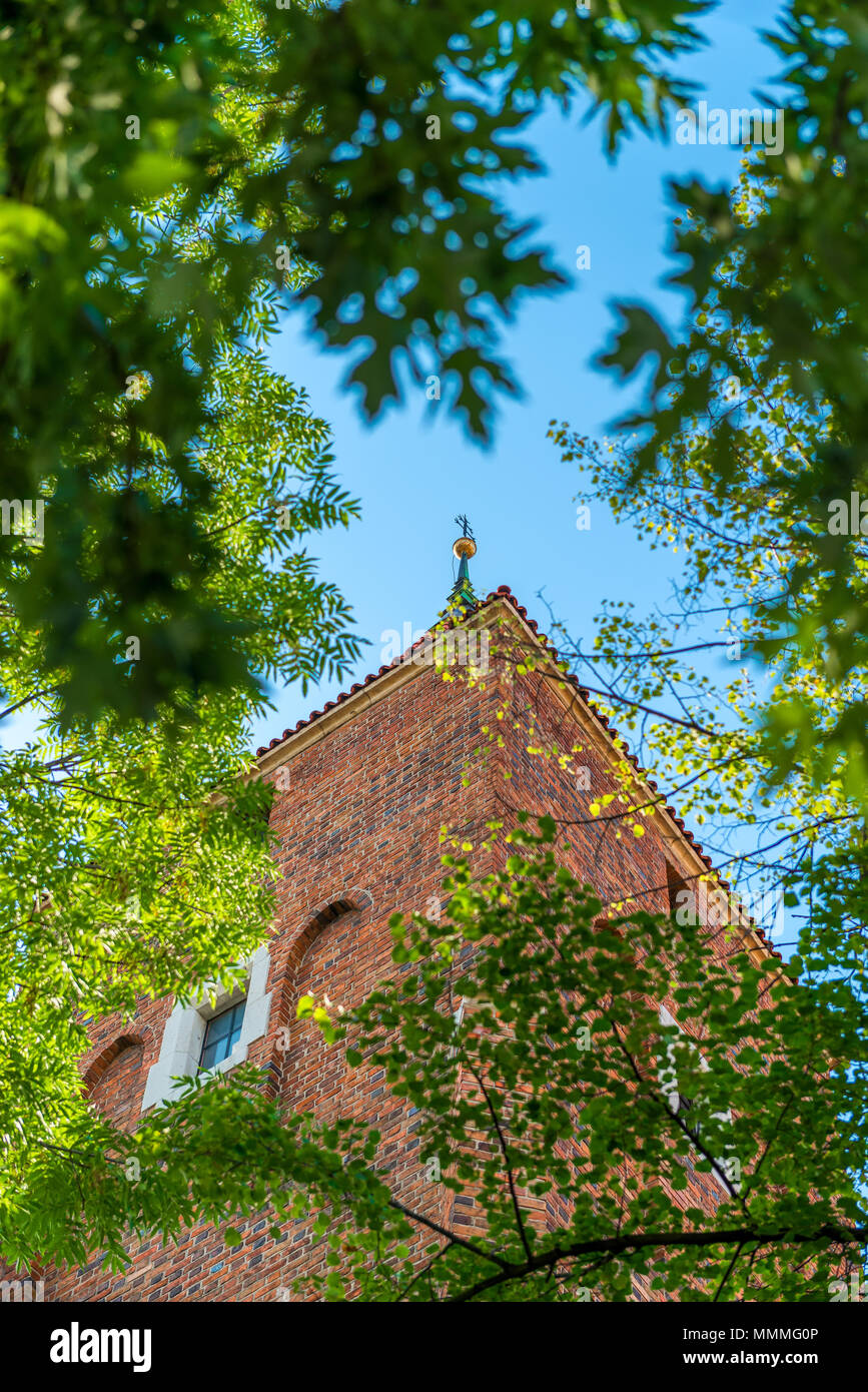 view of a brick Catholic church through the leaves of a tree Stock ...